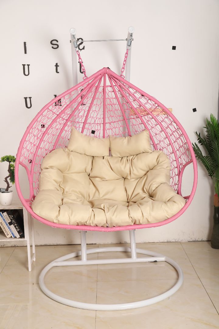 King size Hanging Egg Chair Double Seat - Pink Basket & Beige Cushion ...