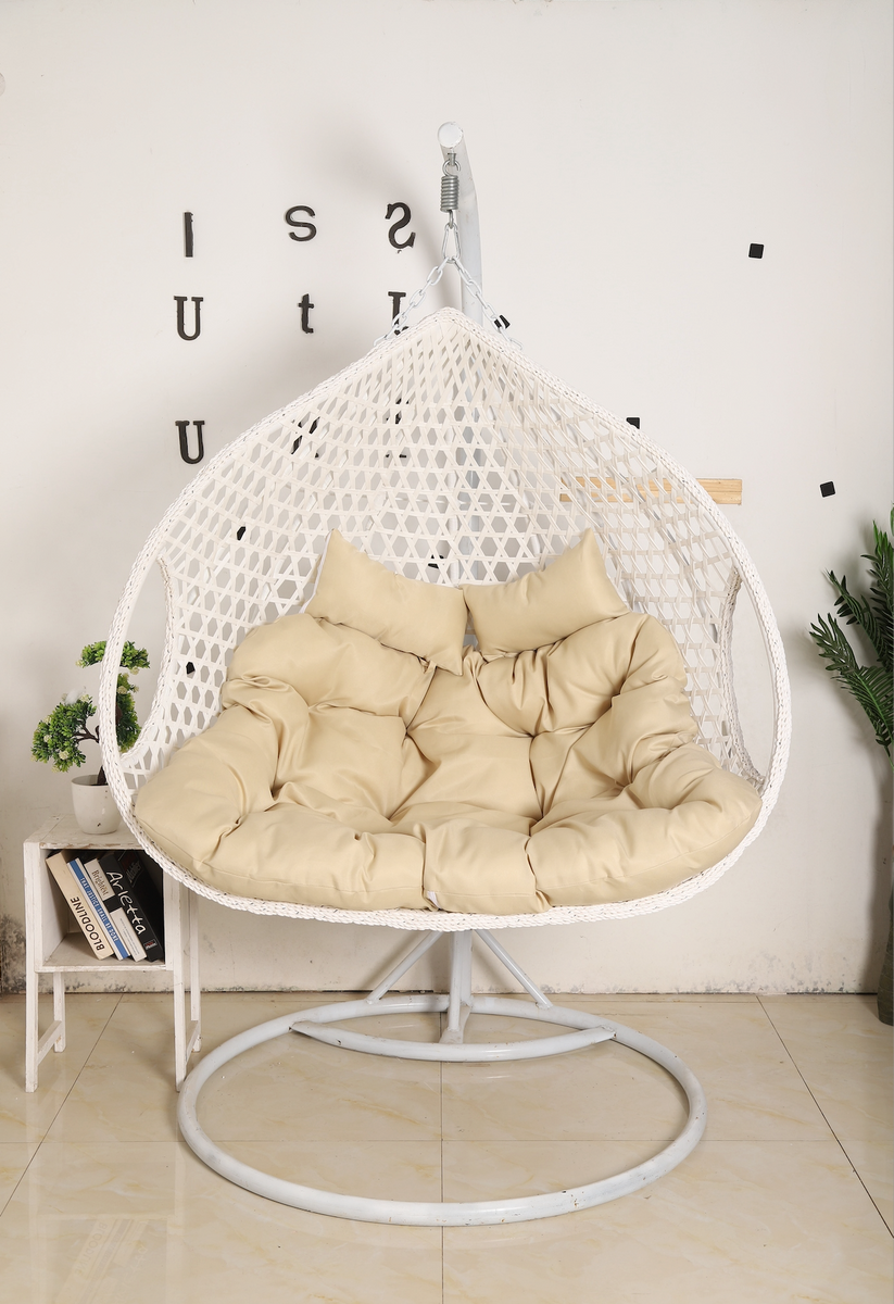Double Seat Hanging Egg Chair Luxury - White Basket & Beige Cushion ...